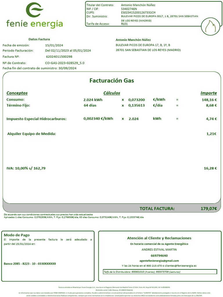 Factura Fenie Energia (Gas) | PDF | Factura