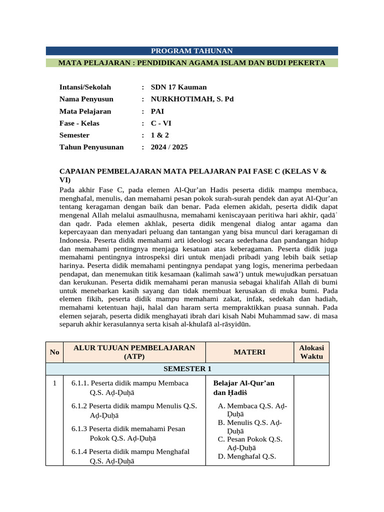 Prota Tahun 2024-2025 | PDF