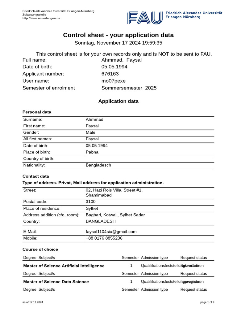 FAU Application Control Sheet for MSc Programs | PDF | Academic Degree ...