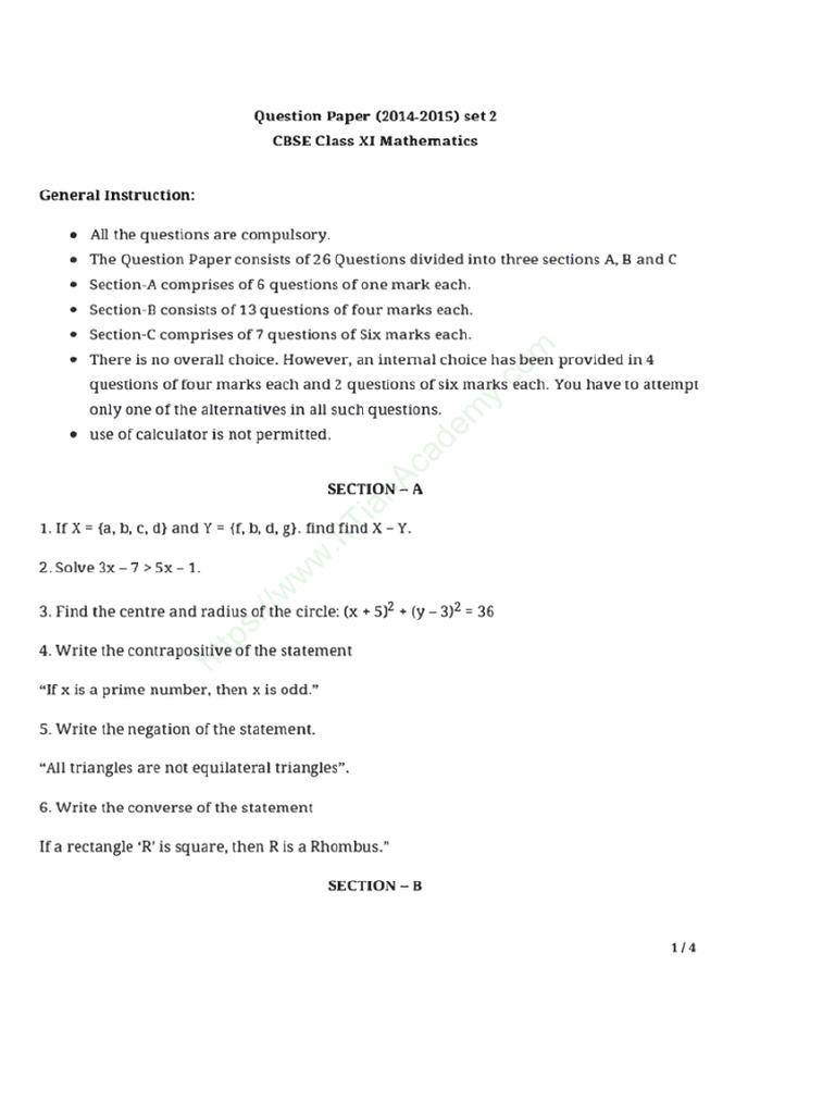 Class11 Mathematics CBSE Class 11 Maths Previous Year Question Paper ...