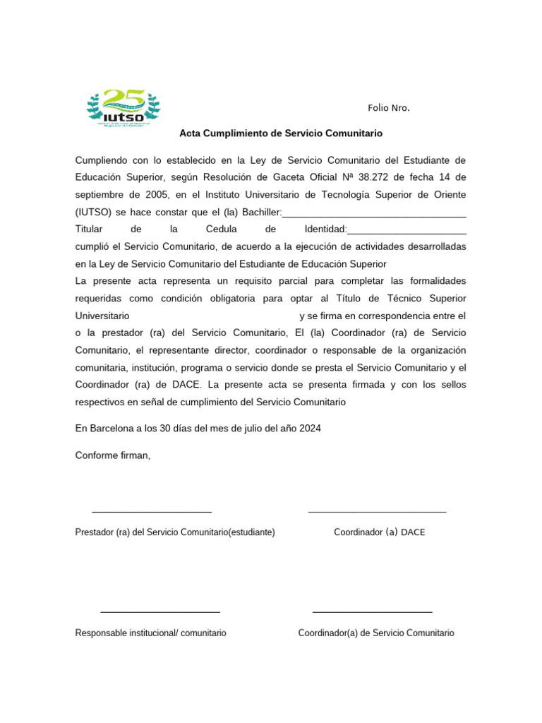 Modelo Acta Servicio Comunitario | PDF