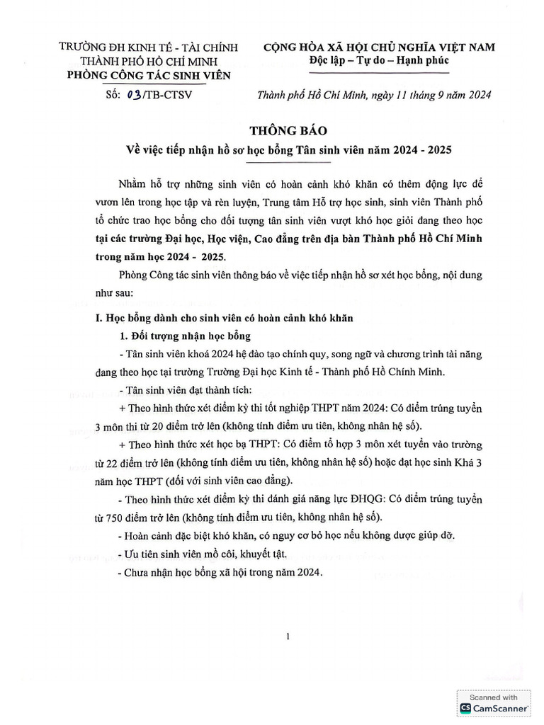 Thong Bao Tiep Nhan Ho So Hoc Bong Tan Sinh Vien 2024-2025 | PDF