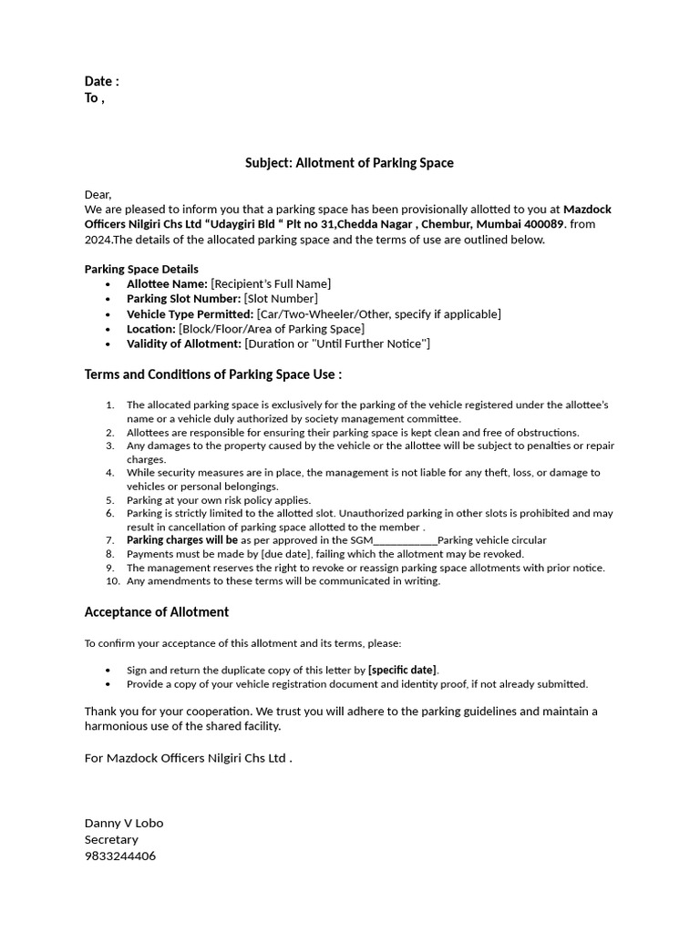 Parking Space Allotment Notification | PDF