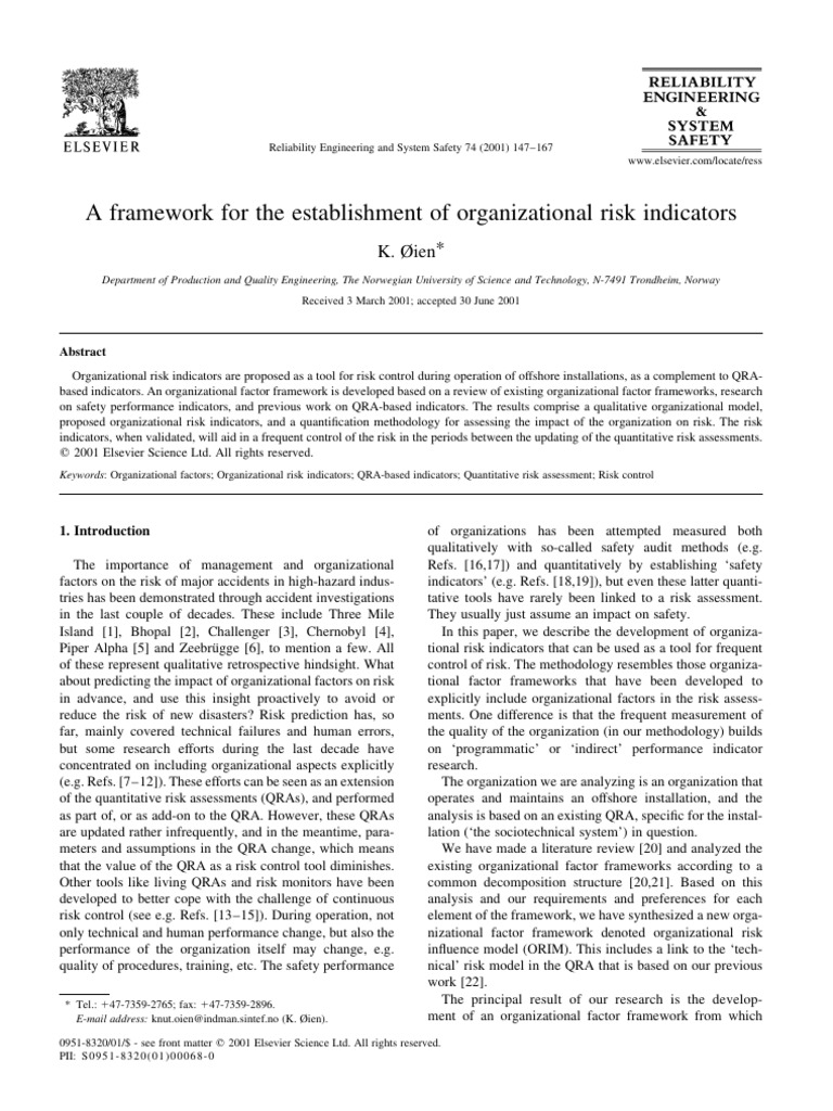 OIEN - 2001 - Organizational Risk Indicators | PDF | Risk | Reliability Engineering