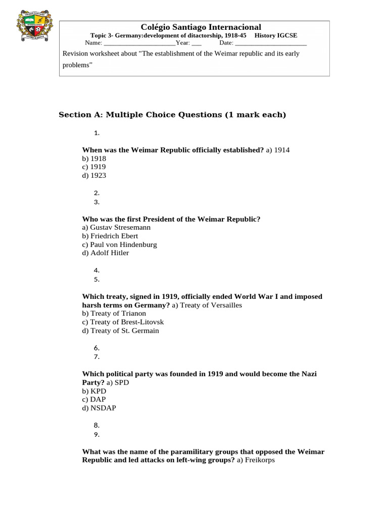 Revision Worksheet About "The Establishment of The Weimar Republic and ...