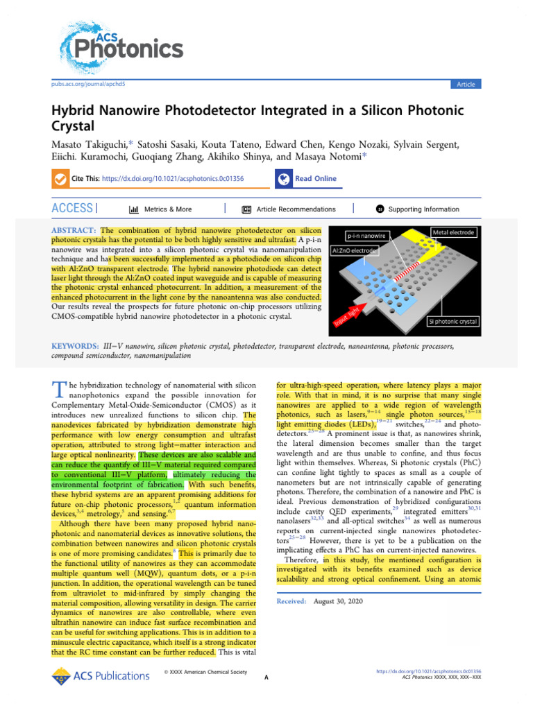Hybrid Nanowire Photodetector Integrated in A Silicon Photonic | PDF | Nanowire | Scanning ...