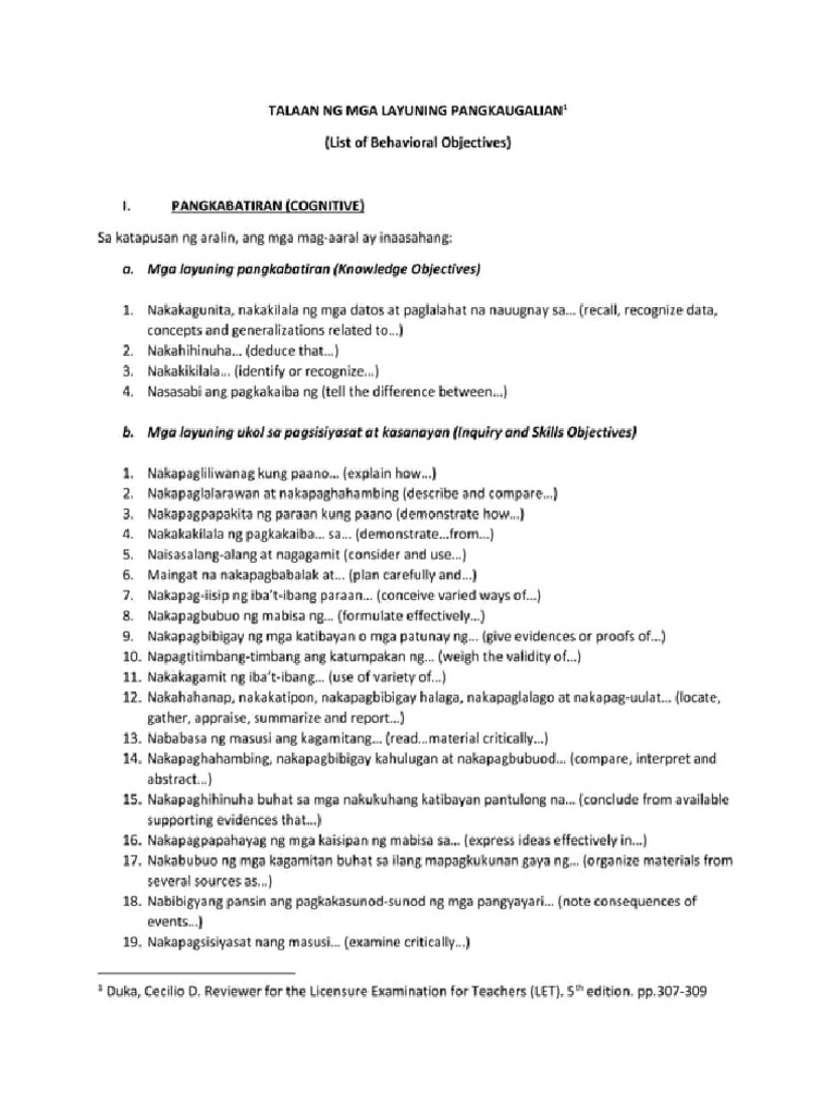 Behavioral Objectives in Filipino 31454721 | PDF