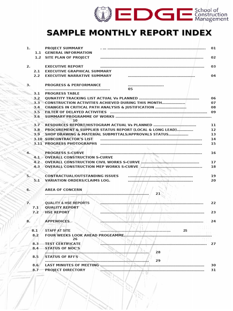 Monthly Report Index Sample | PDF