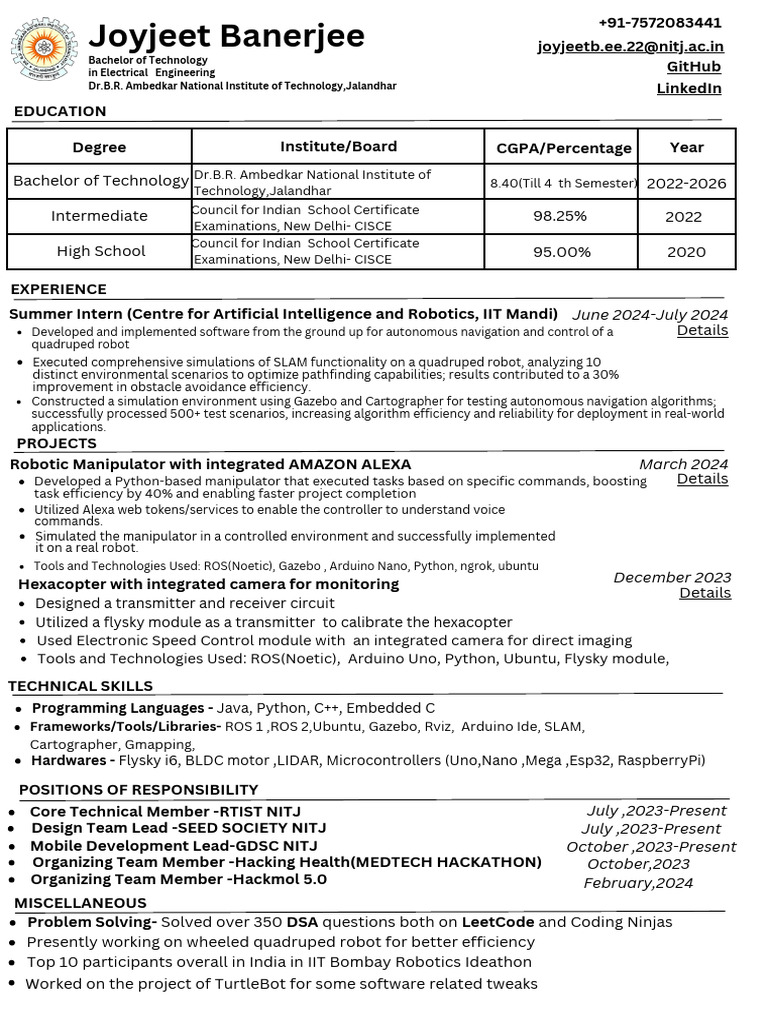 Joyjeet Banerjee Robotics Resume - 20240919 - 132609 - 0000 | PDF | Robotics | Arduino