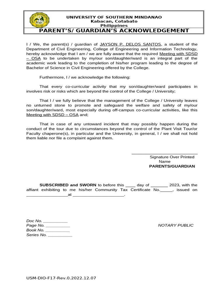 Parent Acknowledgement Form | PDF | Legal Procedure | Civil Law (Common ...