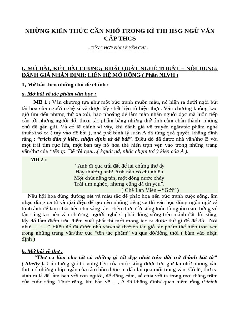 NHỮNG KIẾN THỨC CẦN NHỚ TRONG KÌ THI HSG NGỮ VĂN CẤP THCS | PDF