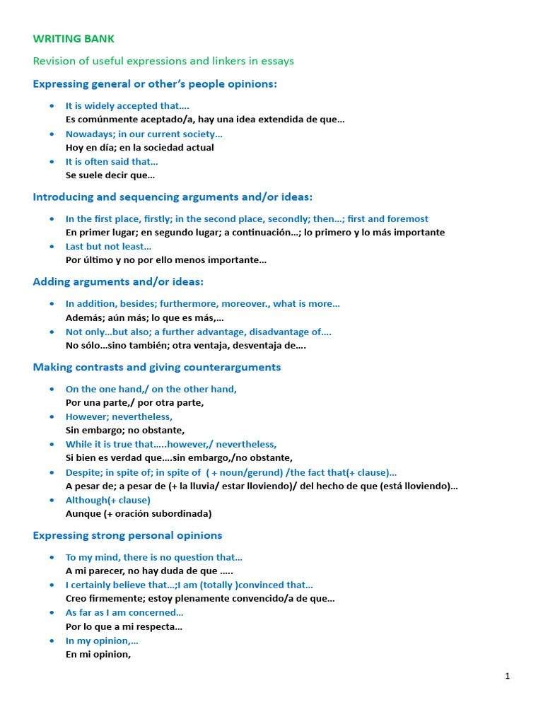 Writing Bank Linkers & Expressions 2 Bto | PDF