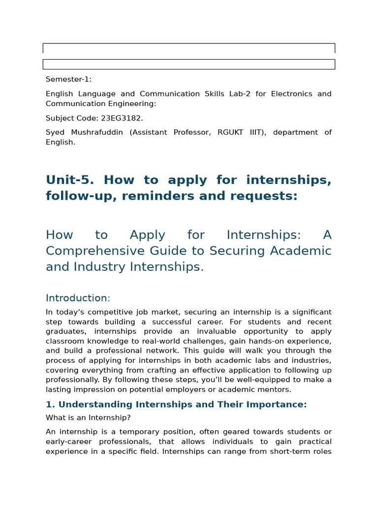 Unit-5. How To Apply For Internships, Follow-Up, Reminders and Requests | PDF | Internship | Job ...