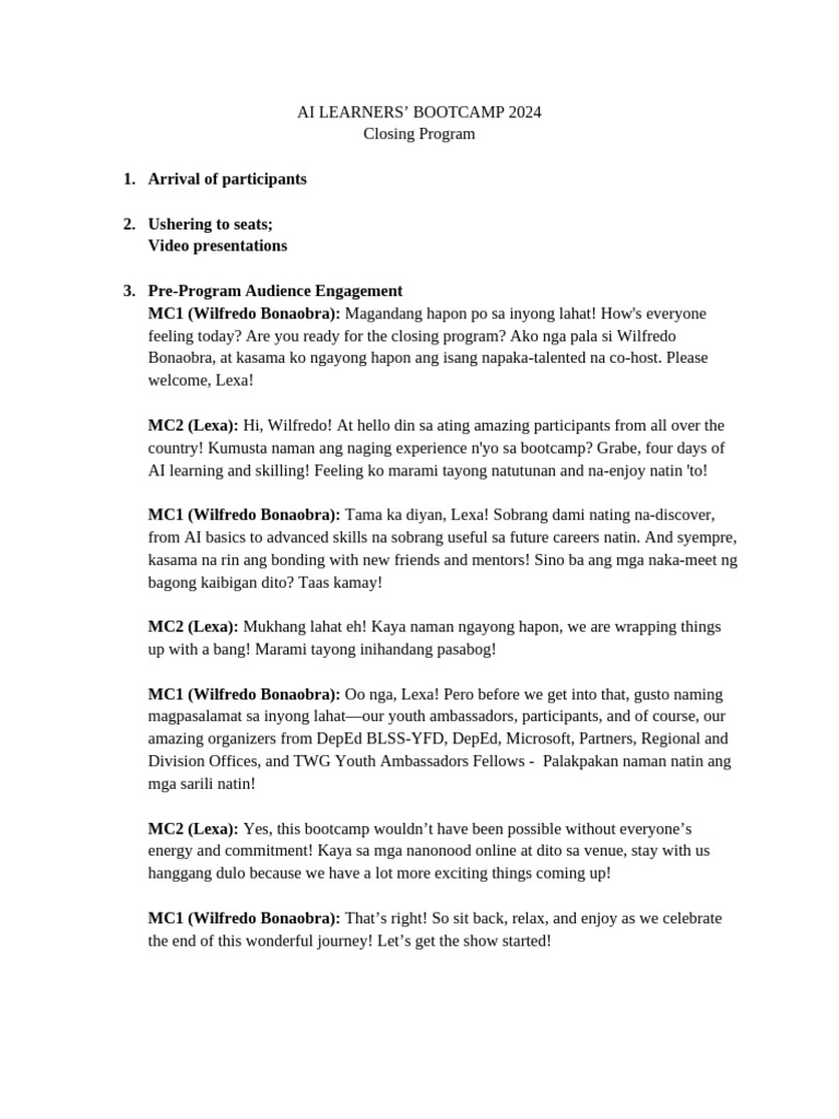 Closing Program Script - Cruz & Bonaobra | PDF