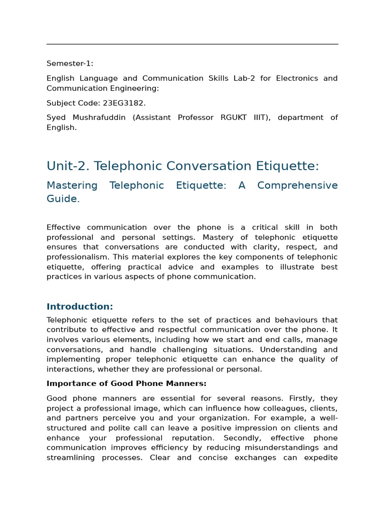 Telephonic Etiquette for ECE Students | PDF | Communication | Conversation