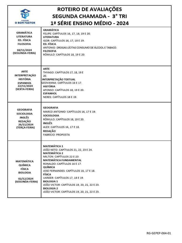 Roteiro - 2 Chamada - 3° Tri - 1 Série | PDF | Arte | Ciências e Matemática