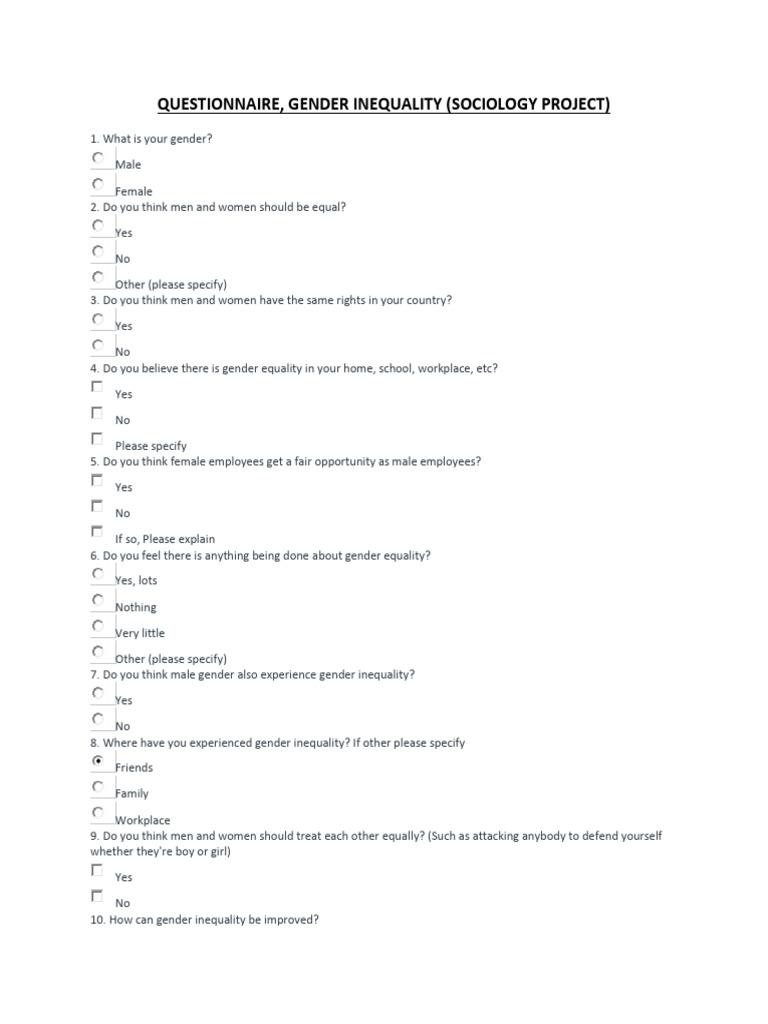 Questionnaire On Gender Equality PDF | PDF