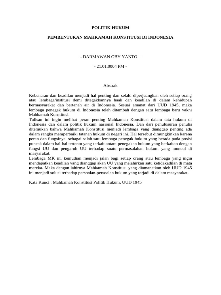 Paper Politik Hukum Pembentukan Mahkamah Konstitusi Di Indonesia | PDF