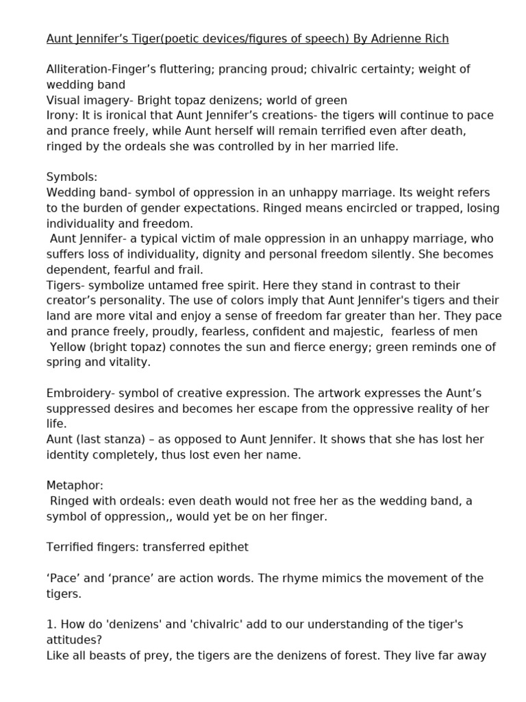 Aunt Jennifer's Tigers by Adrienne Rich | PDF | Marriage