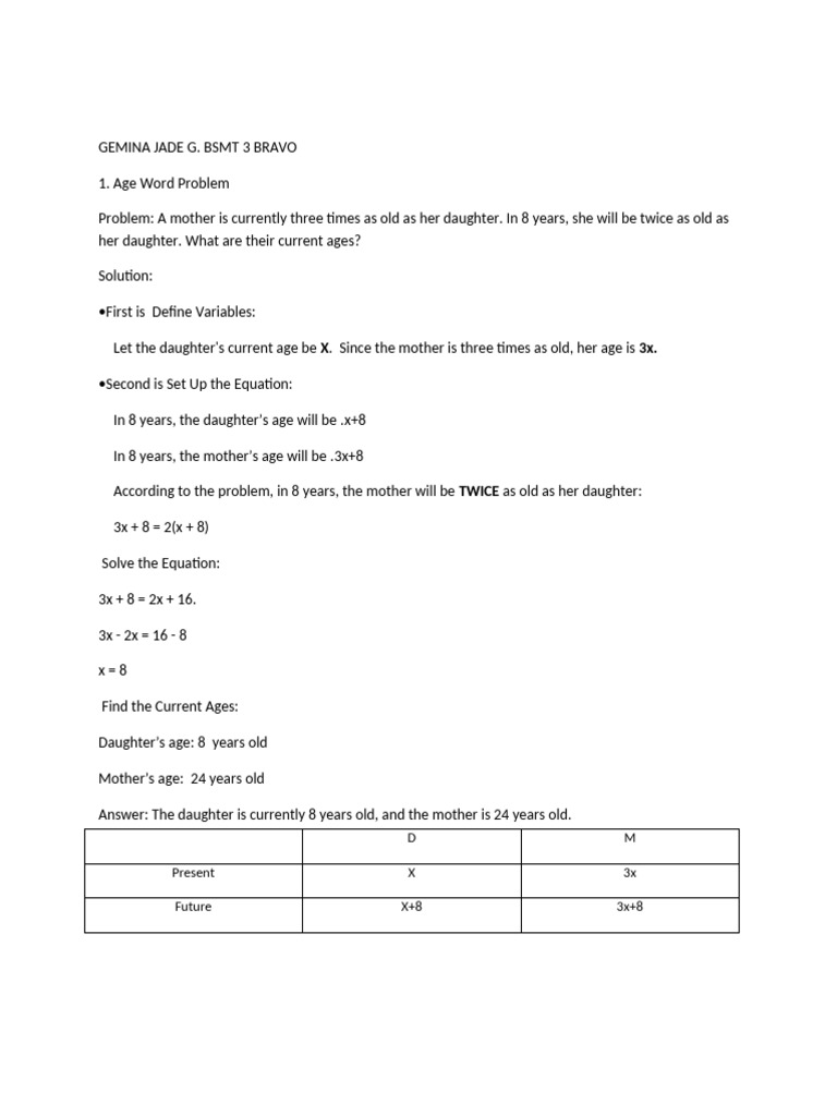 Age Word Problem | PDF | Equations | Variable (Mathematics)
