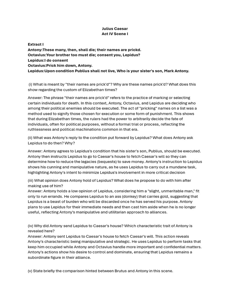Julius Caesar Act 4 Scene 2 Qna | PDF | Mark Antony | Augustus