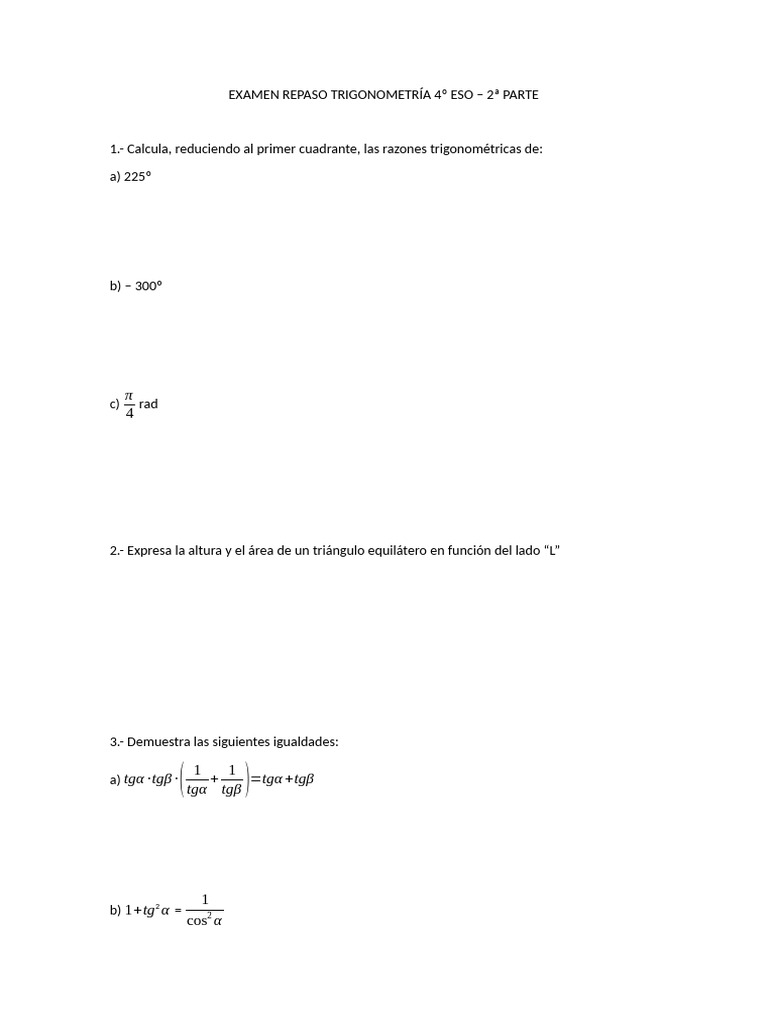 Examen Repaso Trigonometría 4º Eso | PDF