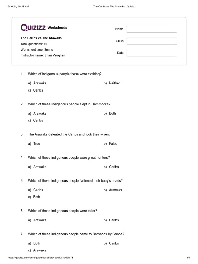 Indigenous Peoples Quiz Worksheet | PDF | Lesser Antilles | Indigenous ...