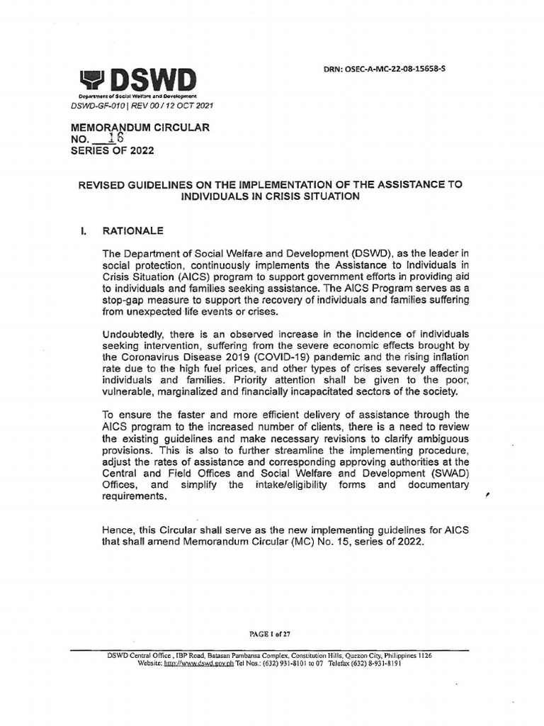 Revised Guidelines On The Implementation of The Assistance To ...