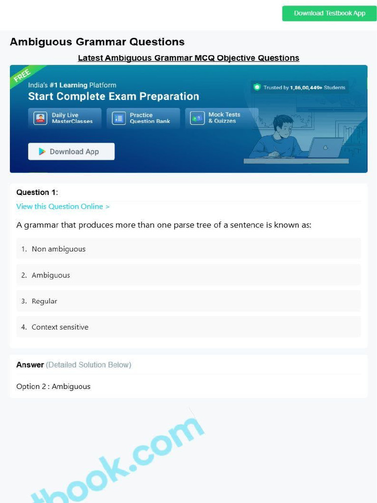 MCQ On Ambiguous Grammar 5eea6a1239140f30f369edab | PDF