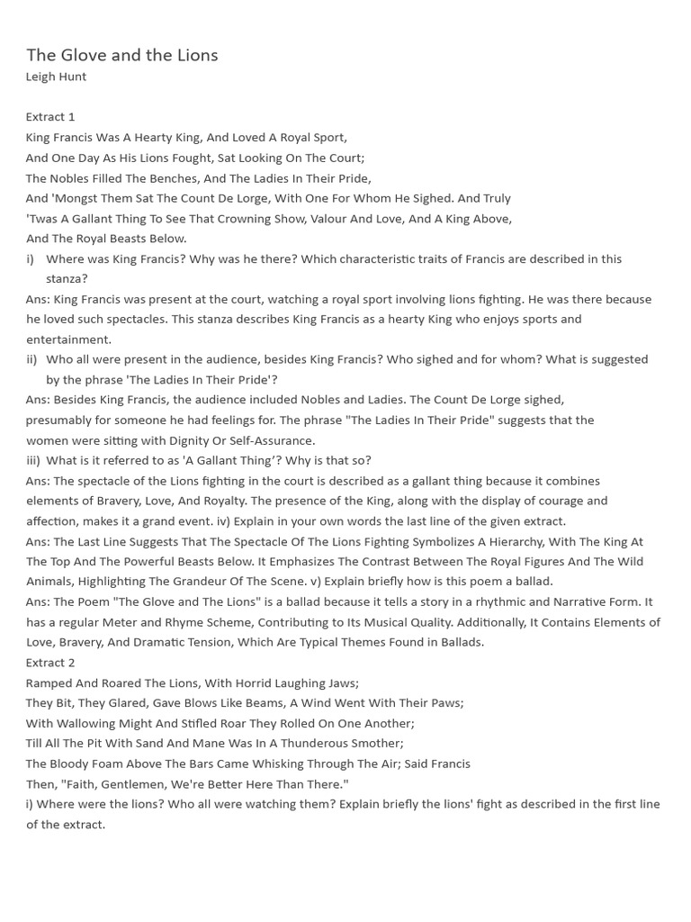 glove and the lions | PDF | Courage | Love