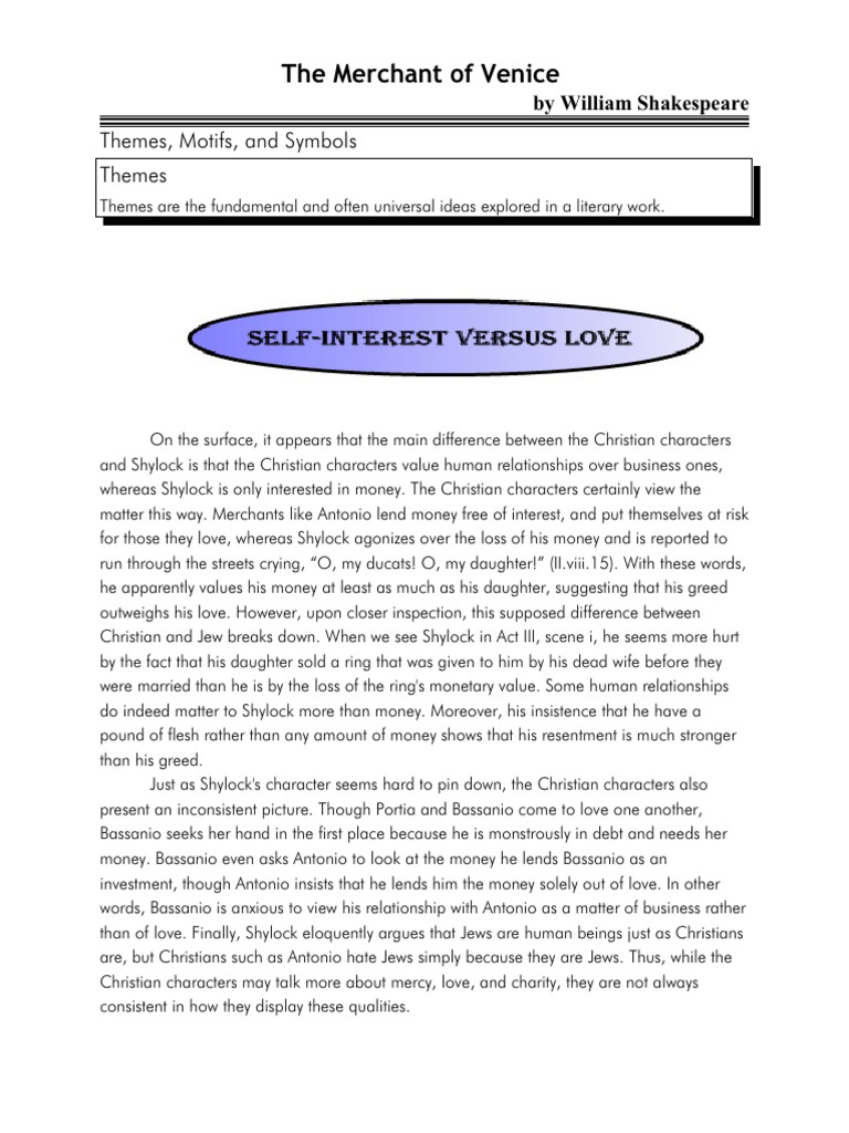 English Themes Motifs and Symbols For The Merchant of Venice | PDF ...