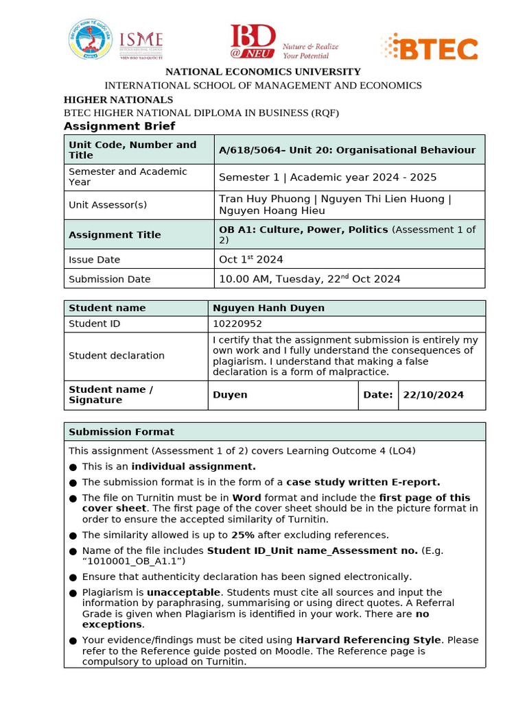 OB - Assignment Brief A1 | PDF | Behavior | Goal