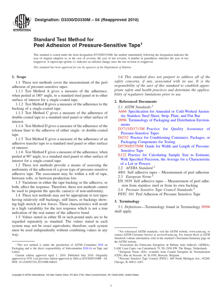 ASTM D3330-D3330M Peel Adhesion of Pressure-Sensetive Tape | PDF ...