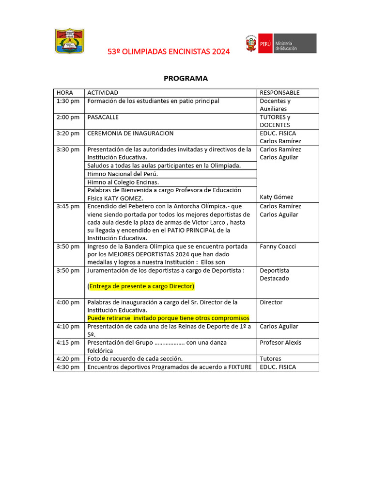 Programa Inaguracion Olimpiada 2024 | PDF