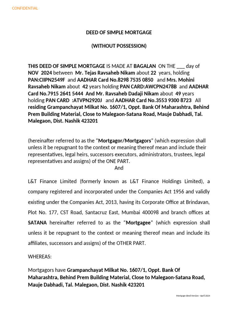 Simple Mortgage Deed Bagalan 2024 | PDF | Mortgage Law | Mortgages