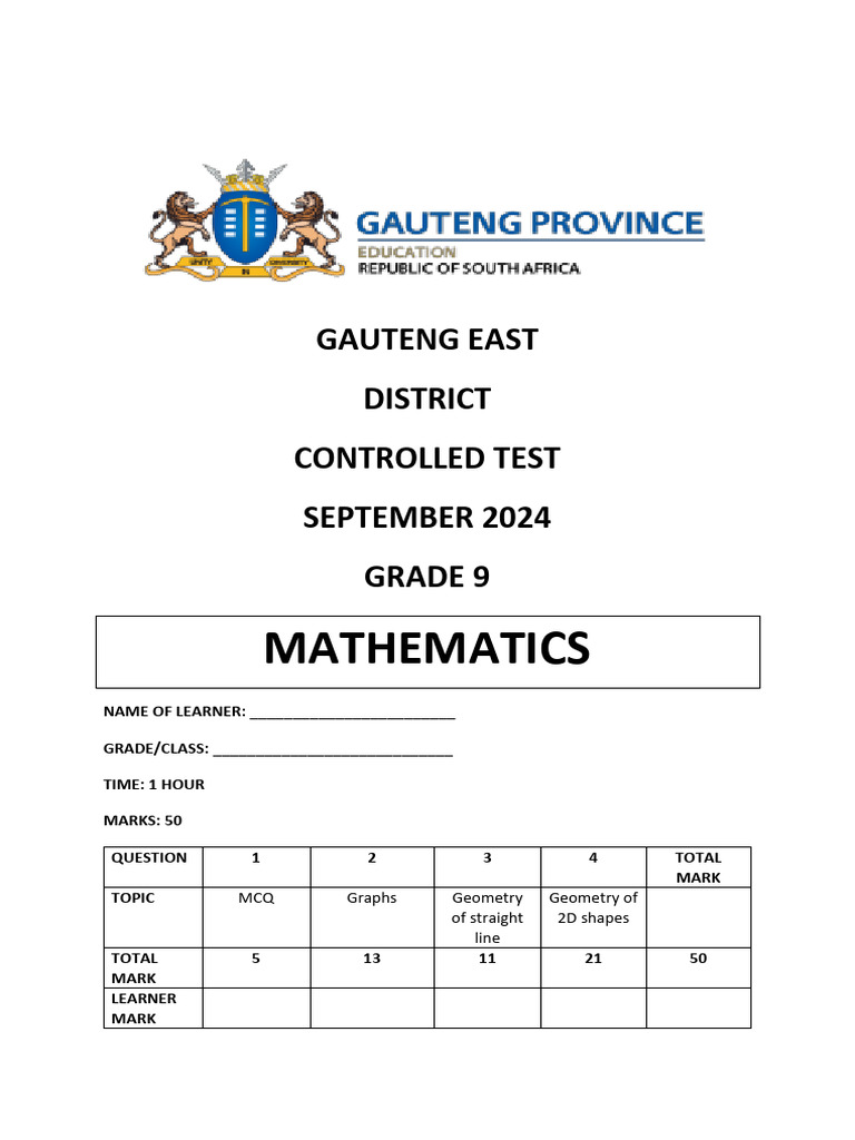 GRADE 9 MATHS QP | PDF | Multiple Choice | Euclidean Geometry