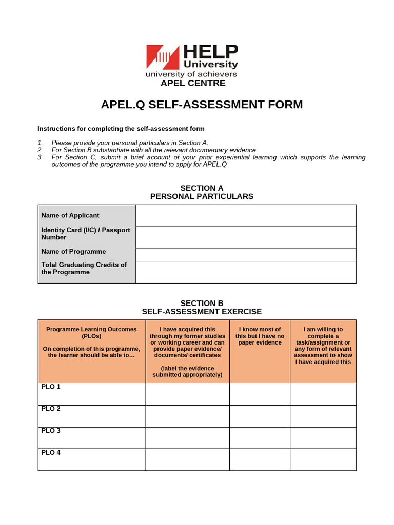 APEL.Q Self Assessment Form | PDF