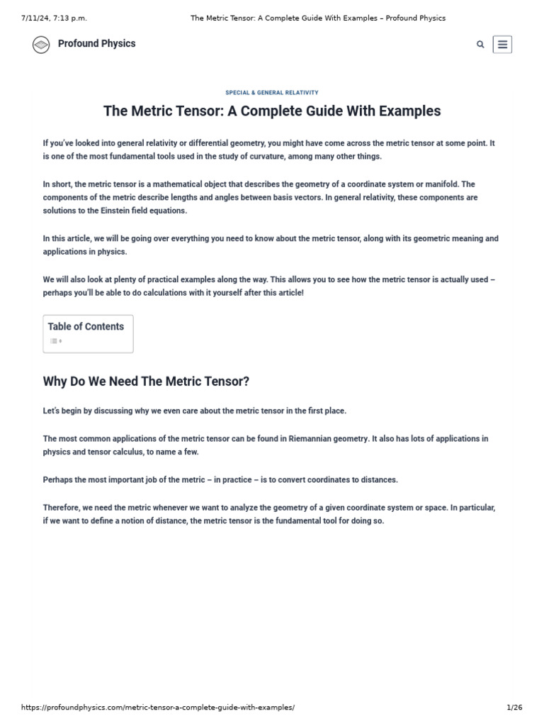 The Metric Tensor - A Complete Guide With Examples - Profound Physics | PDF | Tensor | Euclidean ...