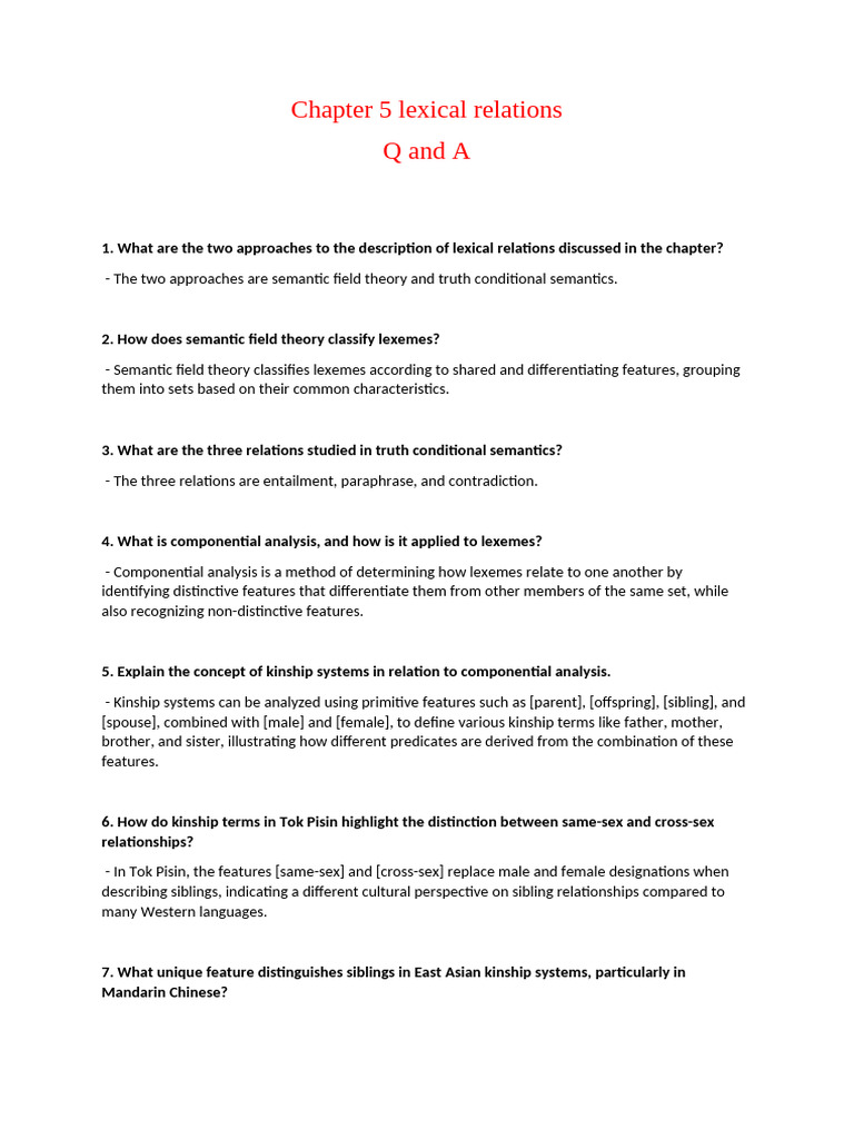 Chapter 5 Lexical Relation Q and A | PDF | Semantics | Kinship