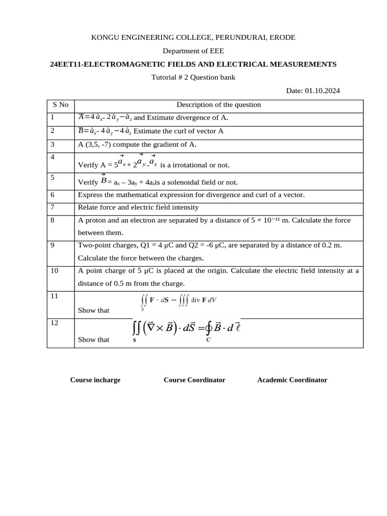 EMF Tutorial 2 Question Bank | PDF