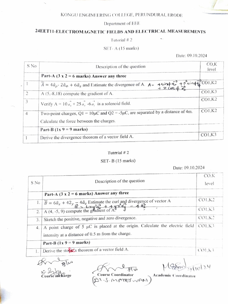 EMF Tutorial 2 Answer Key | PDF | Divergence | Gradient