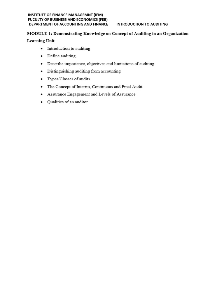 INTRODUCTION TO AUDITING IFM | PDF | Audit | Financial Audit INTRODUCTION TO AUDITING IFM | PDF | Audit | Financial Audit