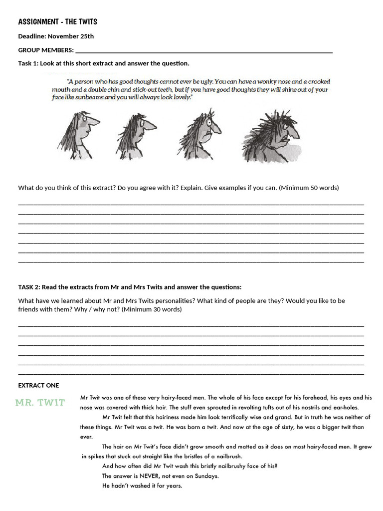 Twits Assignment: Character Analysis Tasks | PDF