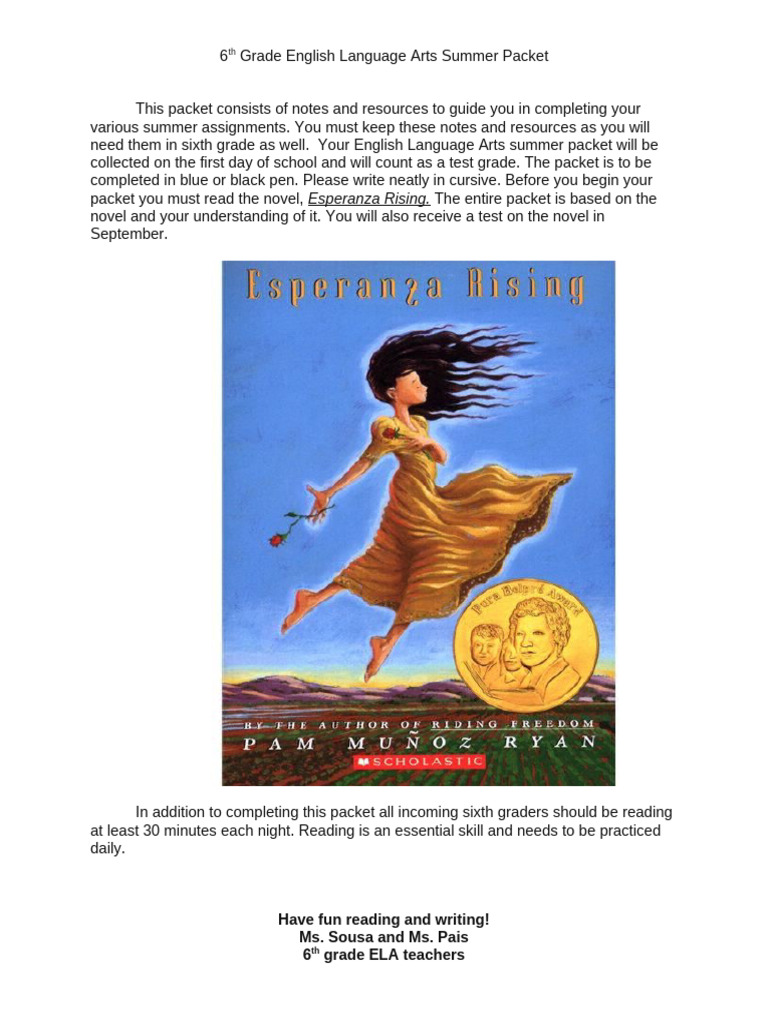 6th Grade ELA Summer Packet Guide | PDF | Reading Comprehension | Cognition