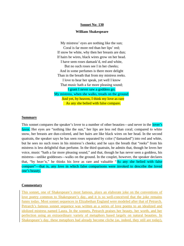 Analysis of Shakespeare's Sonnet 130 | PDF | British Poetry | Sonnets