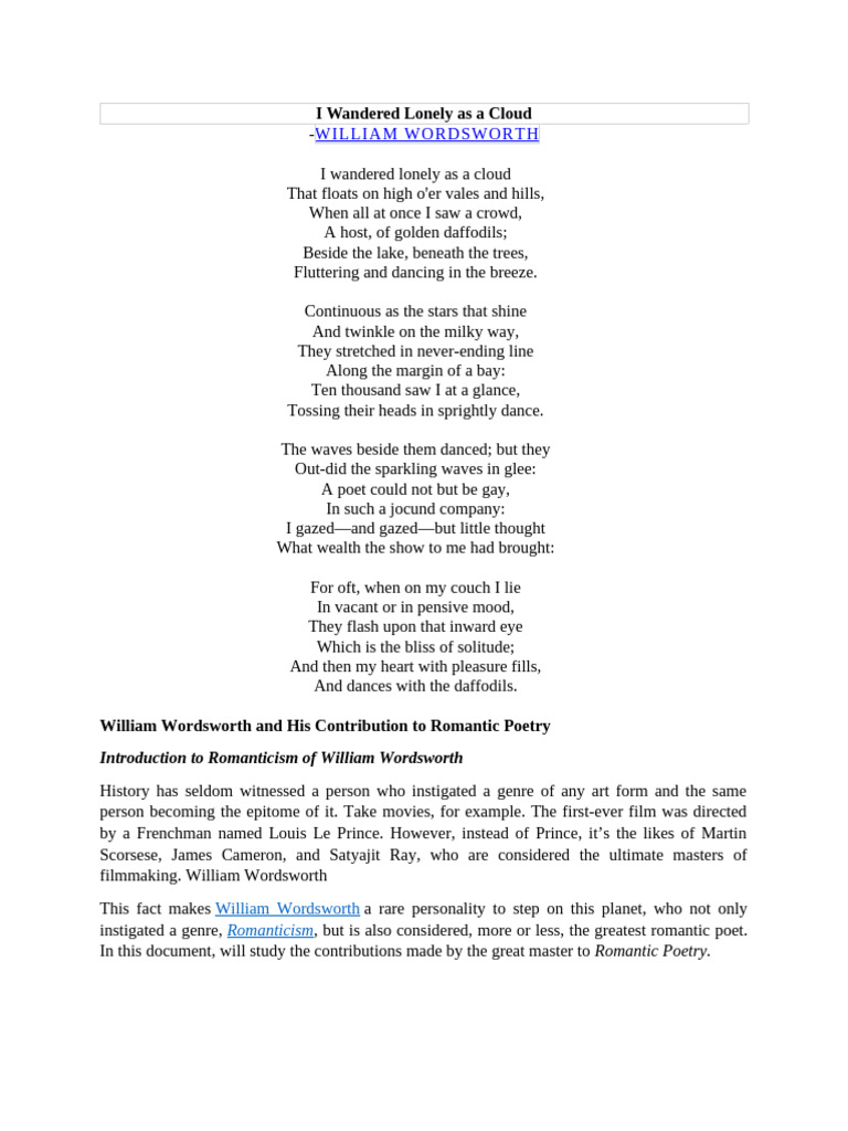 I Wandered Lonely As A Cloud | PDF | Romanticism | William Wordsworth