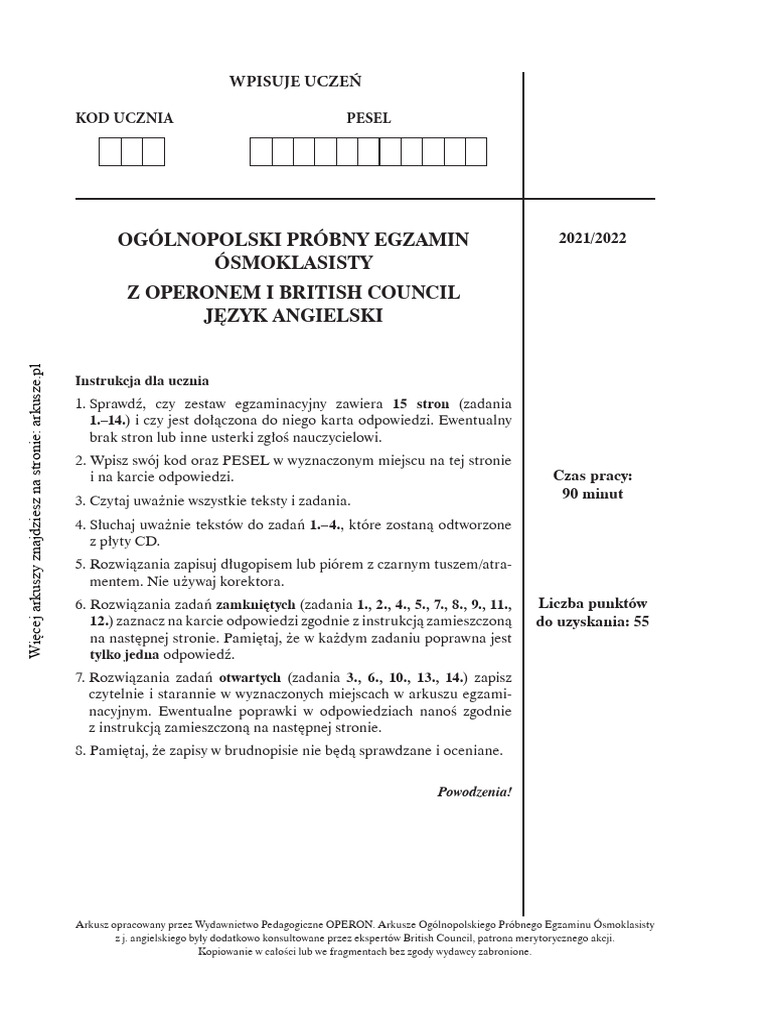 Jezyk Angielski 2021 Operon Egzamin Osmoklasisty Probny | PDF