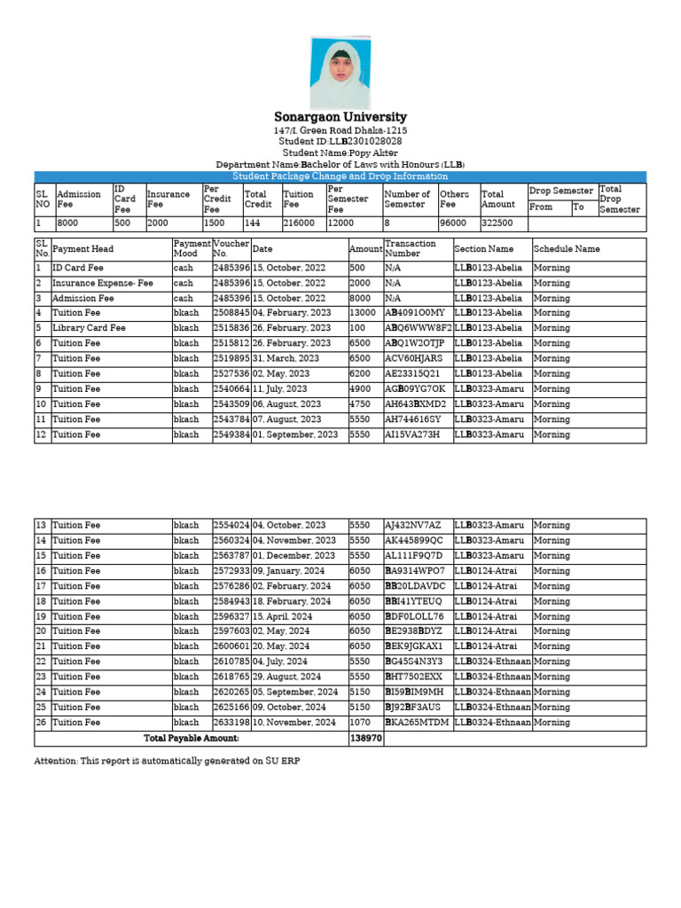 Sonargaon University LLB Student Fee Details | PDF | Cash | Payments