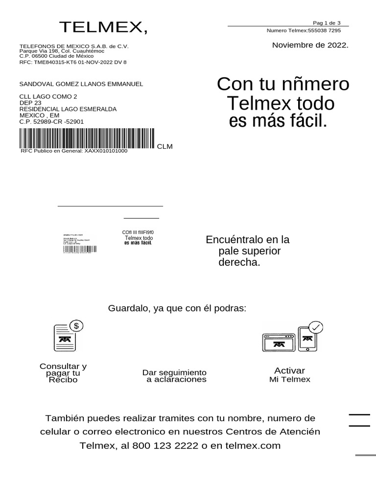 Recibo Telmex Noviembre 2022 | PDF