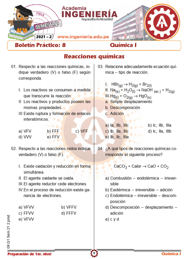 Química 1 - Práctica - Intensivo - Semana-08 | PDF | Redox | Agente oxidante